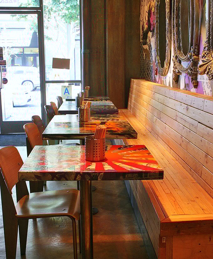 Colorful tables line wooden benches in perfect harmony, like the flavors in your döner wrap waiting to be discovered.