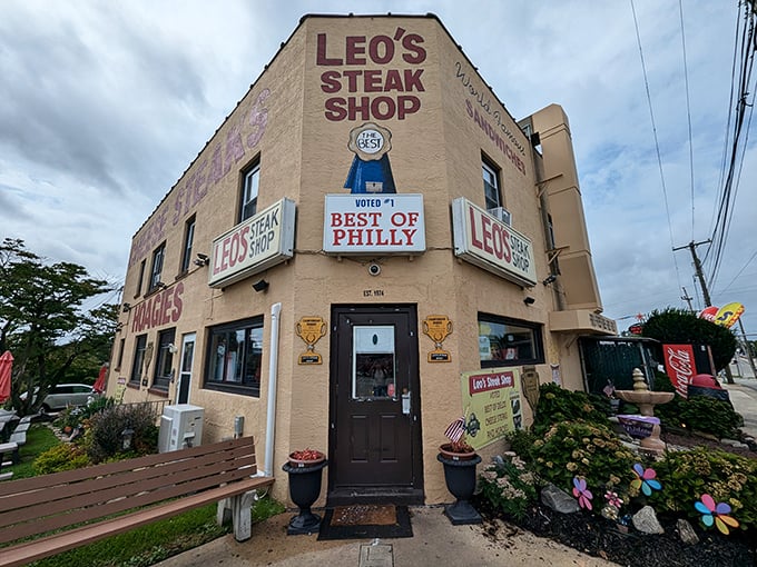 The entrance to cheesesteak paradise. Leo's proudly displays its "Best of Philly" credentials, a beacon for sandwich pilgrims seeking authentic flavor.