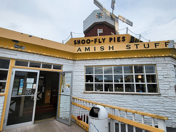 "Shoo-Fly Pies" and "Amish Stuff"—the sign promises exactly what it delivers. No fancy marketing needed when your product speaks for itself.