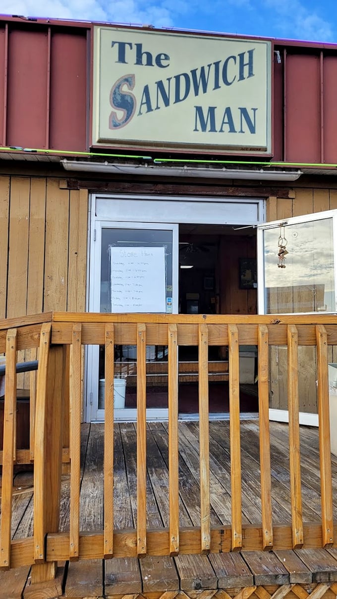 The entrance to sandwich paradise – where the wooden ramp isn't just for accessibility, it's your pathway to flavor town.