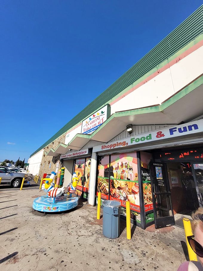 "Shopping, Food & Fun" isn't just a sign—it's a promise delivered daily at the unassuming entrance to Anaheim Marketplace.