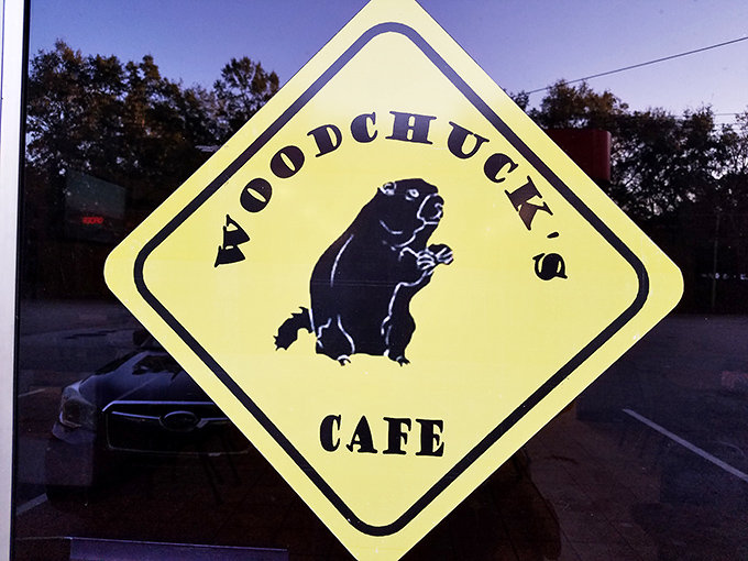 The iconic Woodchuck's sign—a yellow diamond warning of deliciousness ahead. Proceed with hungry caution.
