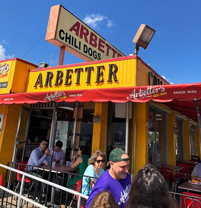 Another angle reveals this yellow landmark's unpretentious charm that draws locals back time after time.