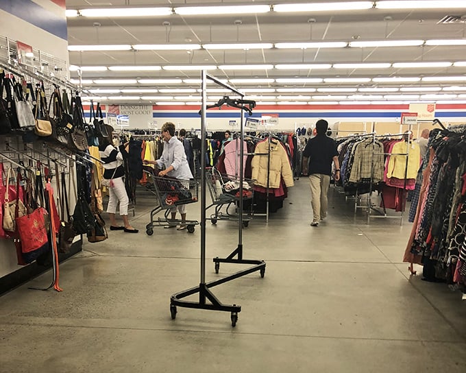 Racks of clothing create colorful canyons to explore. Shoppers navigate these textile landscapes with carts, hunting for that perfect $4 fashion statement.