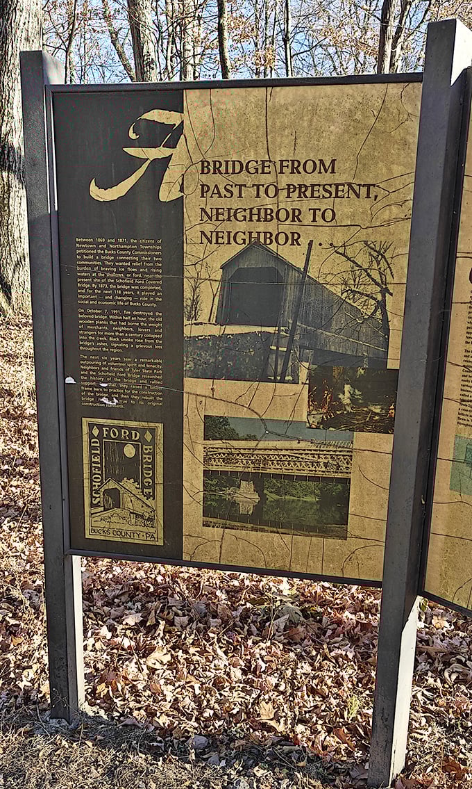Stories set in wood: This interpretive sign connects past to present, telling tales of a time when bridges were more than just ways to cross water.