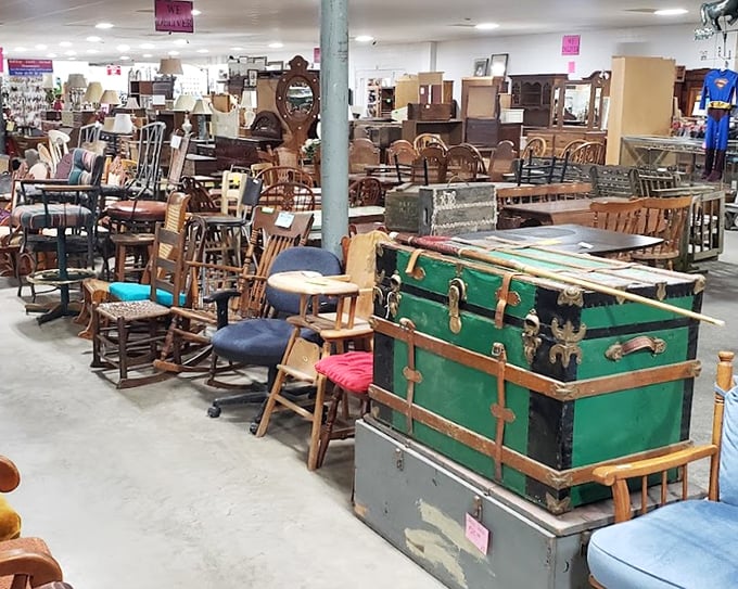 Vintage trunks and wooden chairs create a forest of furniture possibilities—each piece with stories to tell and new memories waiting to be made.