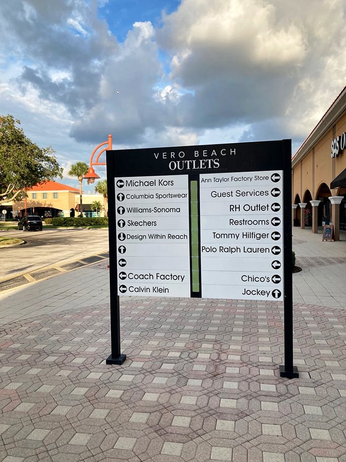 This directional sign prevents the dreaded "outlet mall wandering syndrome" while tempting you with stores you hadn't planned to visit.