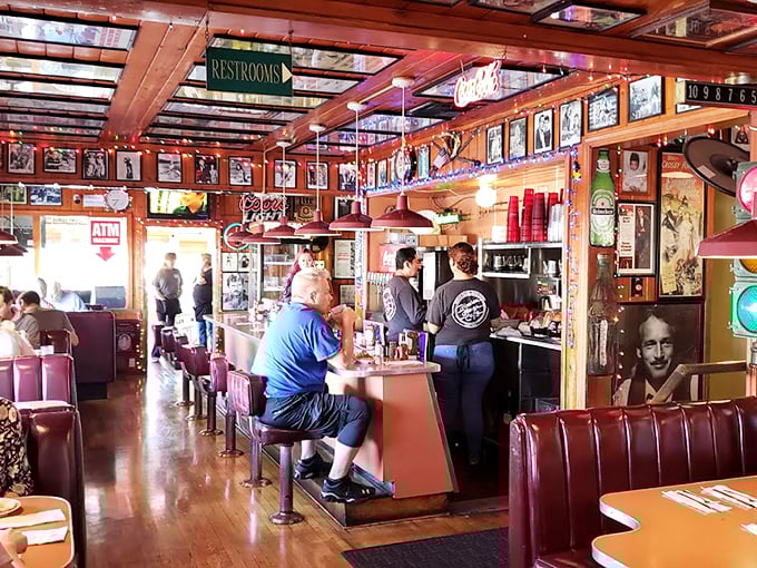 Every inch of wall and ceiling space tells a story – movie posters, memorabilia, and decades of California coastal history watching over your meal.