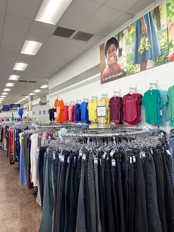 Circular racks of denim democracy where every size, style, and wash coexists in peaceful, affordable harmony.