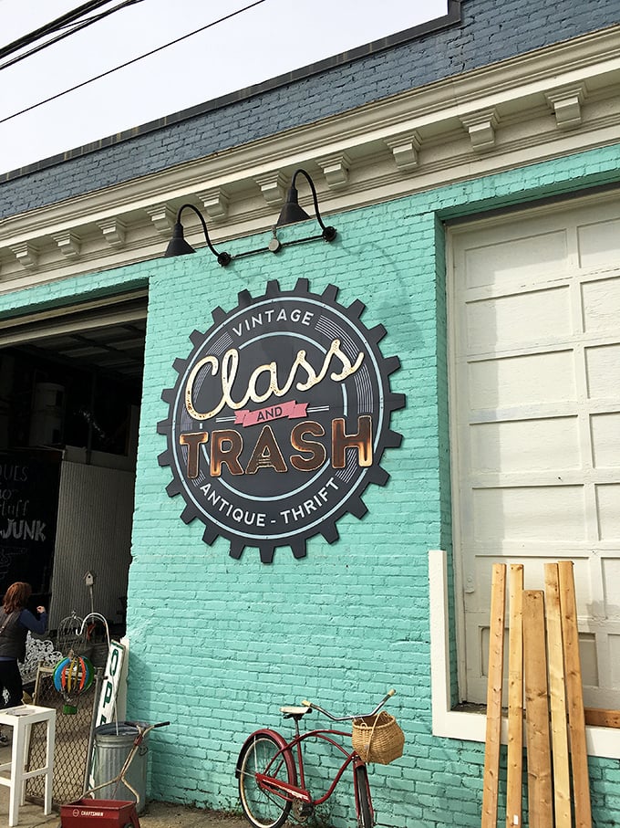 The Class and Trash logo says it all—one person's discards become another's treasures in this gear-shaped emblem of vintage hunting.