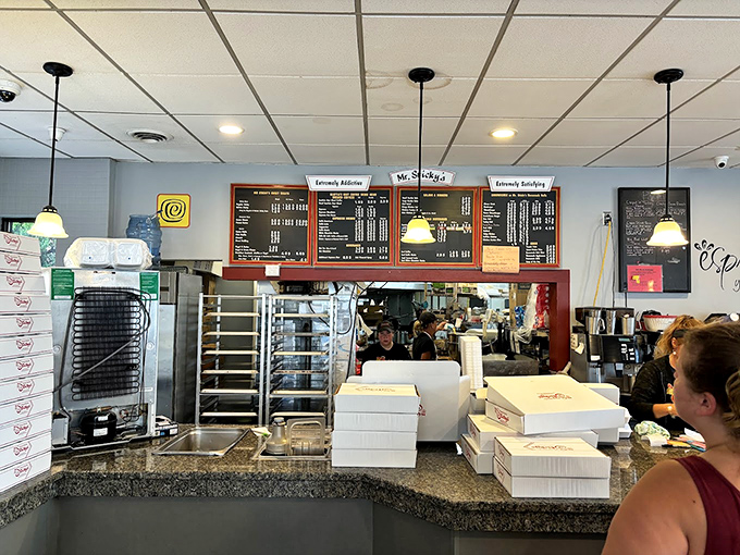 Where dreams come true and diets go to die. The ordering counter at Mr. Sticky's – your gateway to Pennsylvania pastry paradise.