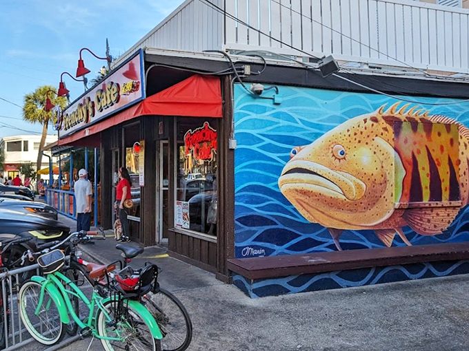 The exterior mural says it all—this place is serious about grouper. That fish isn't just decoration; it's practically the restaurant's mascot.