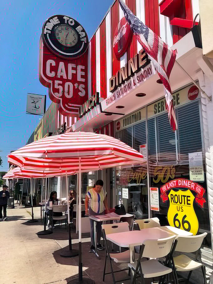 Al fresco dining under striped umbrellas brings that perfect California sunshine to your comfort food experience.