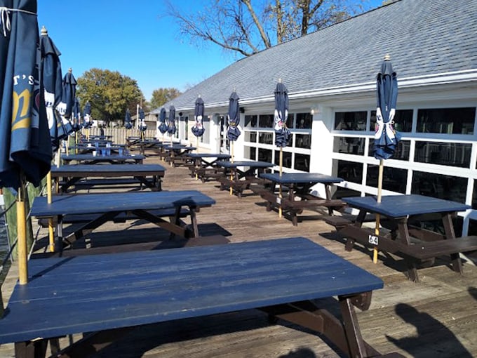 Those navy blue picnic tables aren't just outdoor seating—they're front-row seats to the daily spectacle of Chesapeake Bay life. Umbrellas optional, good times guaranteed.