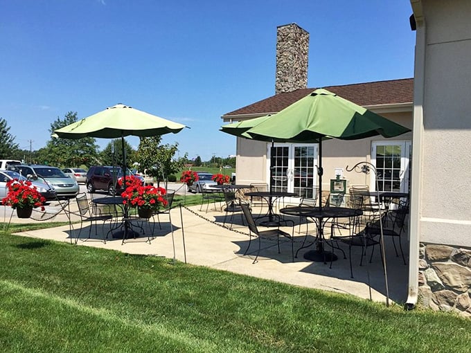 Fair weather dining with umbrellas and flowers—because sometimes you want your home fries with a side of vitamin D and gentle breeze.