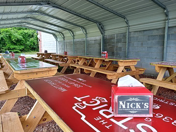 Outdoor seating where you can enjoy your meal while watching small-town life unfold naturally.