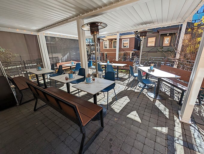 The outdoor dining area offers sunshine with your slices—blue chairs and wooden tables creating an al fresco extension of Rose's pizza paradise.
