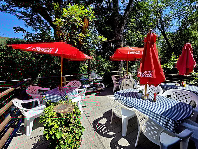 The outdoor patio—where Coca-Cola umbrellas provide shade while you enjoy your meal with a side of Oregon scenery.