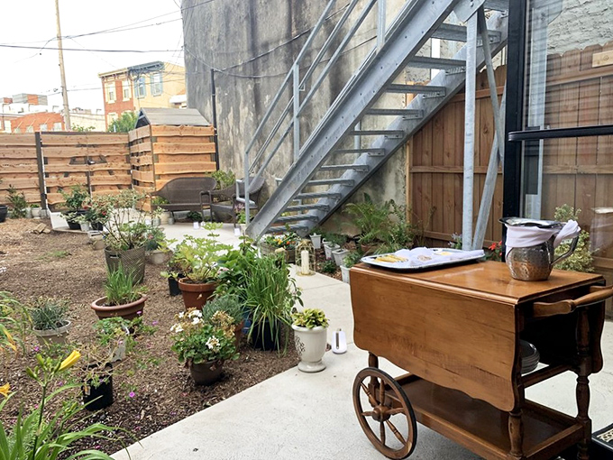 The secret garden patio where summer meals unfold – an urban oasis complete with herbs that might just end up on your plate.