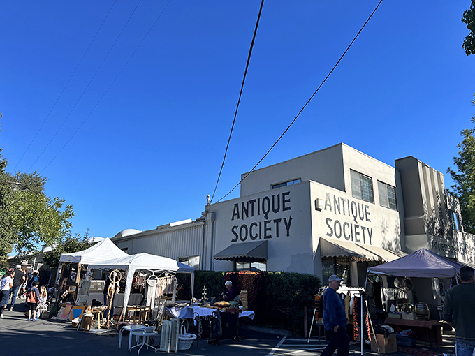 Outdoor sales occasionally spill into the California sunshine. The hunt for vintage treasures continues beyond the building's walls.