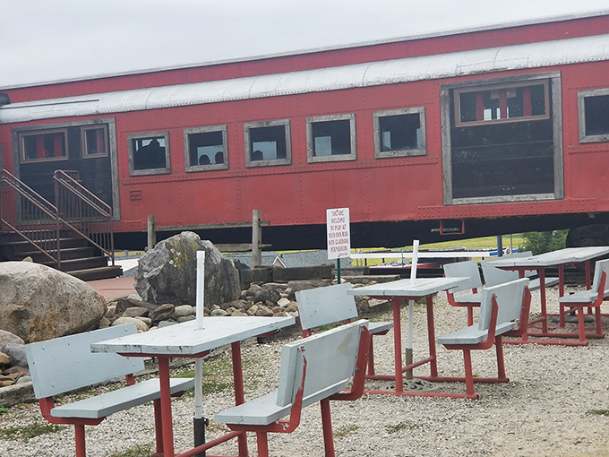 Al fresco dining, railroad style! These outdoor tables offer the perfect spot to enjoy your meal while soaking in the unique atmosphere of this dining destination.