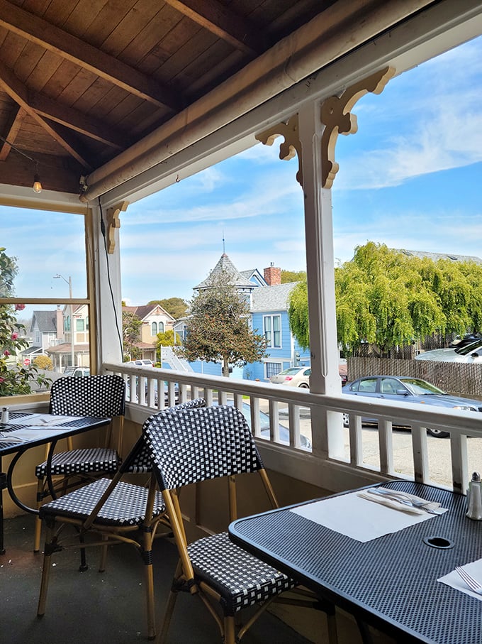 The wraparound porch offers front-row seats to Pacific Grove's parade of Victorian homes—dining with a side of architectural eye candy.
