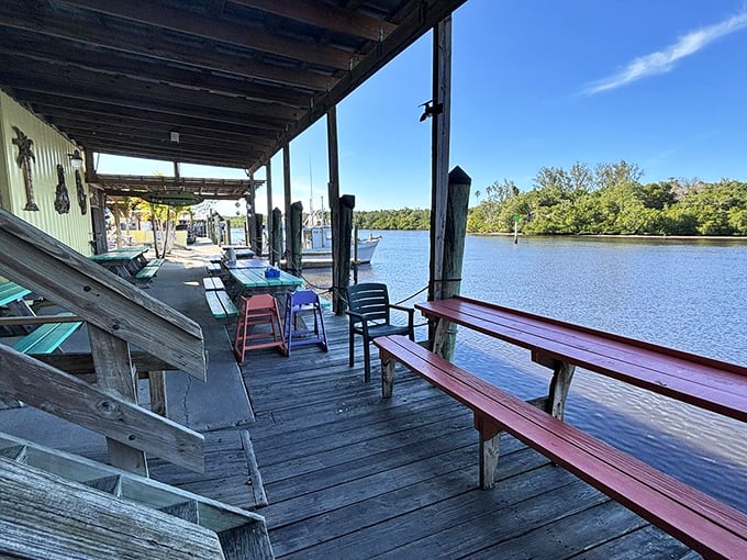 Outdoor seating where you can enjoy your meal while pelicans judge your eating technique—nature's dinner theater at its finest.