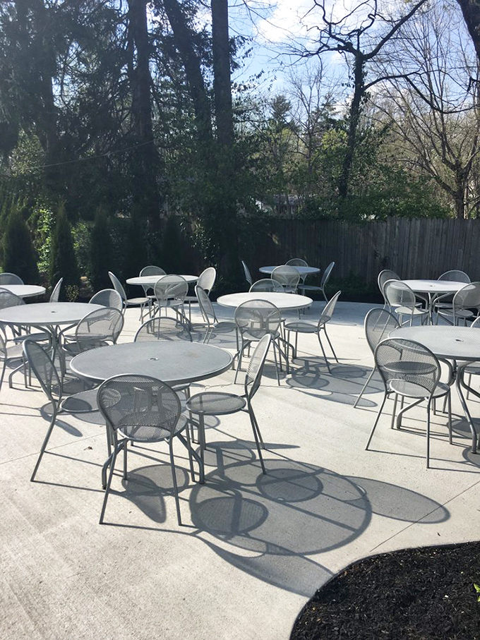 The outdoor patio offers al fresco dining surrounded by greenery—a perfect setting for savoring summer evenings and comfort food classics.
