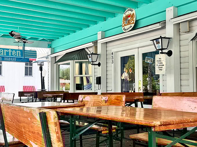Beer garden-style outdoor tables invite diners to enjoy schnitzel al fresco—because somehow, German comfort food tastes even better under Florida skies.