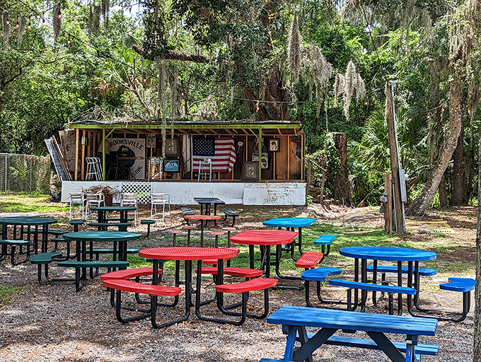 Picnic tables under Spanish moss—because sometimes the best dining room is no room at all. Nature's air conditioning with a side of Americana. 