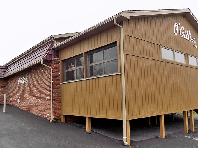 From this angle, you can appreciate the architectural mullet that is O'Gillies—brick business in the front, wooden party room in the back.