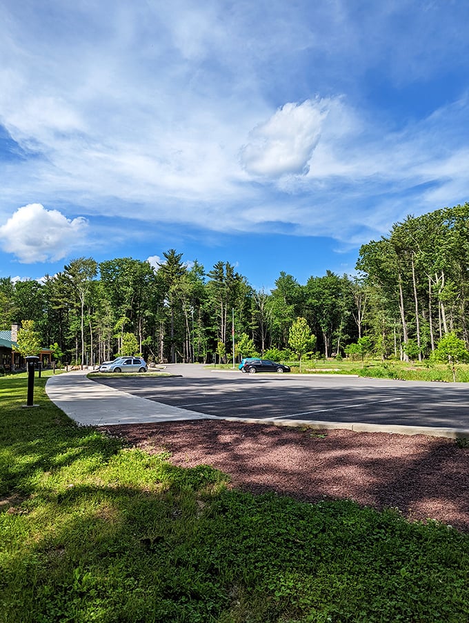 The parking lot where your adventure begins – because every great story needs a proper starting point.