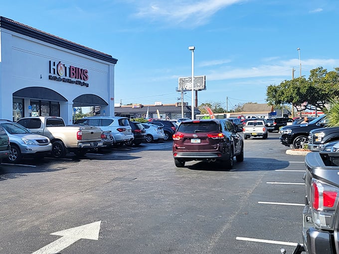 The packed parking lot tells the real story—Hotbins isn't just a store, it's a destination. Cars from all neighborhoods converge on this bargain mecca like pilgrims to a shrine.
