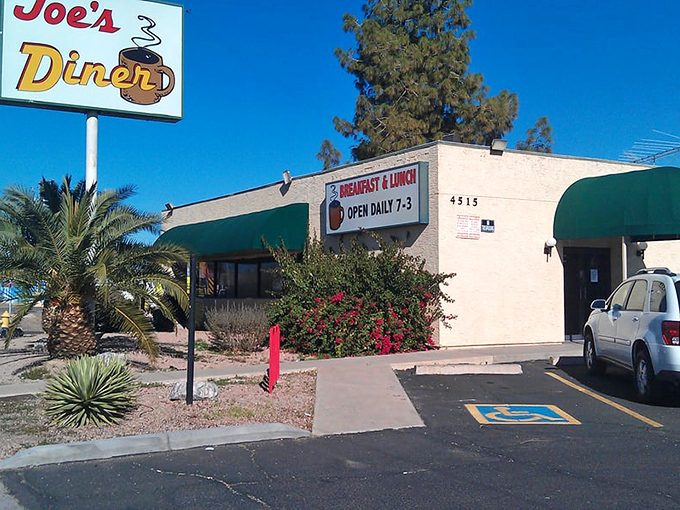 Desert landscaping meets diner charm—a quintessentially Arizona setting for your upcoming food adventure.