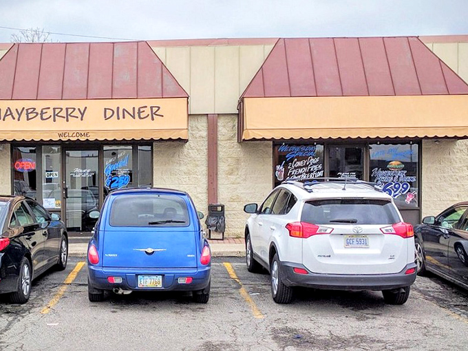 The parking lot view that locals know well – where regular customers can spot their favorite server's car and know breakfast will be good. 