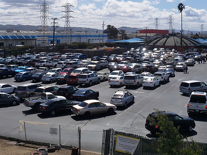 The packed parking lot tells the real story – this isn't just shopping, it's a community event. Oakland's weekend ritual involves wheels and deals.