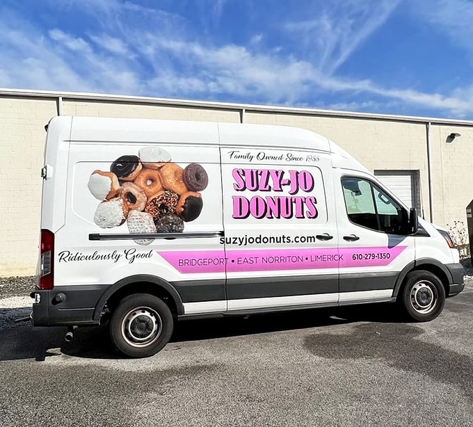 The donut delivery vehicle—a modern-day chariot of joy. This van brings "Ridiculously Good" treats to multiple Pennsylvania locations, spreading happiness on four wheels.