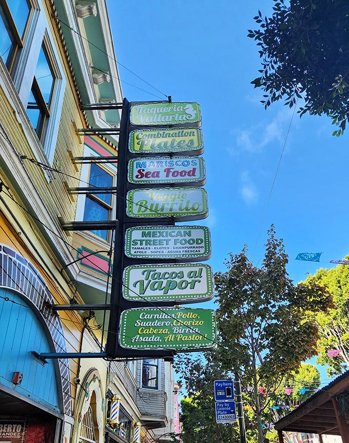 A vertical parade of promises – each sign on this pole represents a different path to happiness.