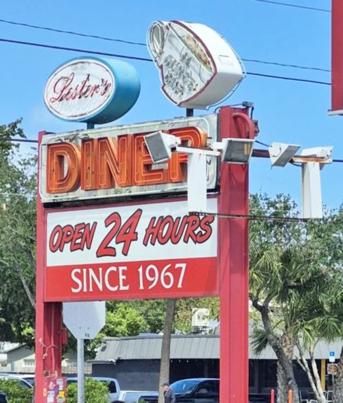That sign isn't just advertising—it's a promise that's been kept since 1967. Twenty-four hours of possibility, served with coffee.