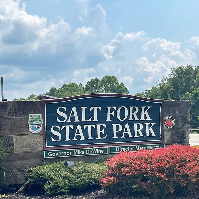 The gateway to adventure—Salt Fork's entrance sign welcomes visitors to Ohio's largest state park with understated elegance.