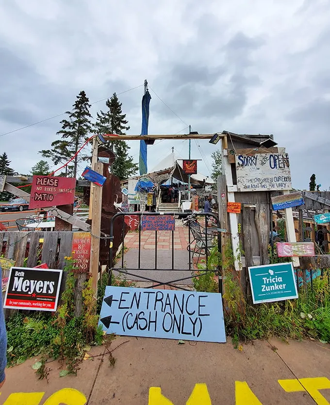 Follow the signs to find your bliss. The entrance announces itself with characteristic humor and a cash-only policy that feels refreshingly old-school.