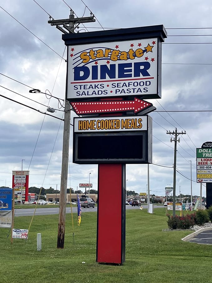 The roadside sign promises steaks, seafood, salads, and pastas, but what it really advertises is a slice of authentic Delaware dining.
