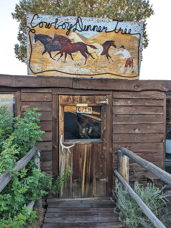 The sign says it all—horses running wild and free, just like your appetite will when you walk through that rustic wooden door.