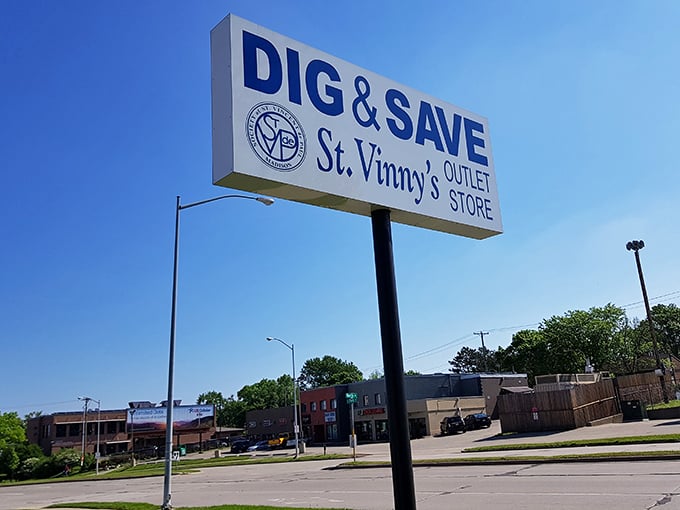 The beacon of bargains stands tall against Wisconsin sky—a landmark for the thrifty and a lighthouse for the lost treasures of Madison.