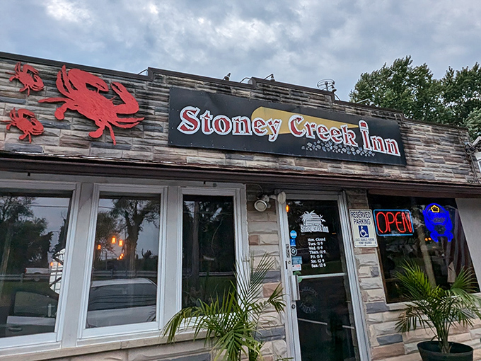 Bold signage announces this hidden gem where Maryland's finest crab pretzel awaits your discovery.