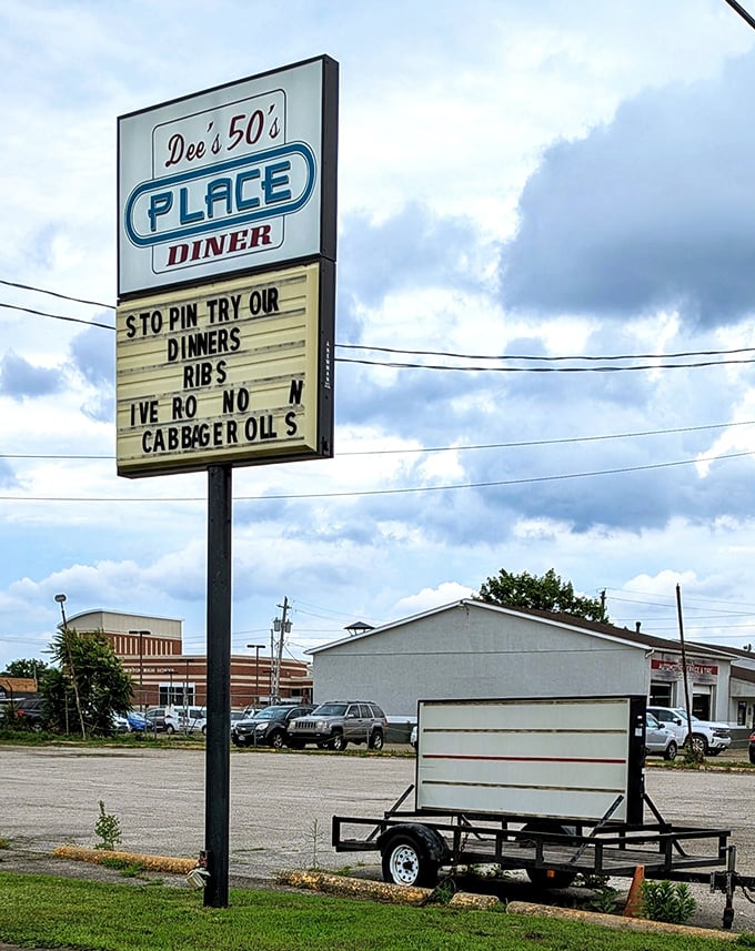 A sign that doesn't just advertise—it beckons. "Stop in try our dinners" isn't just an invitation—it's the best advice you'll get all day.