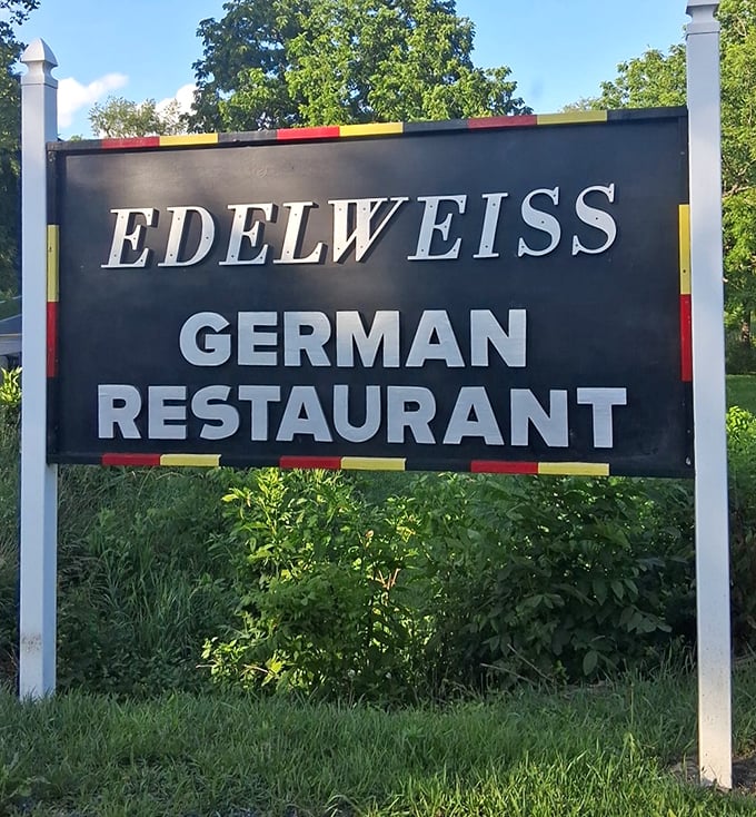 The sign that's launched a thousand road trips. Those German flag colors aren't just decoration—they're a beacon calling to schnitzel lovers across Virginia.