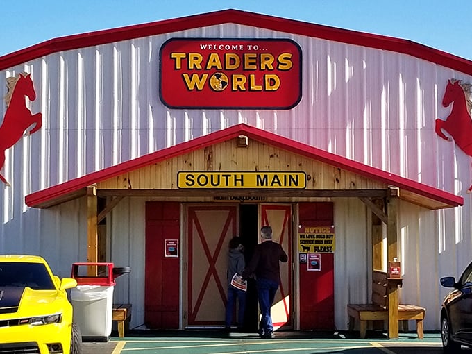 The South Main entrance beckons shoppers with its barn-inspired architecture—a portal to the treasure-hunting adventure that awaits inside.