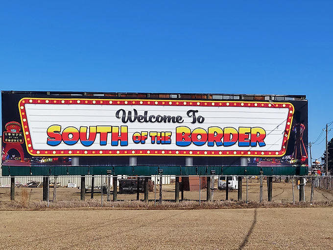 Classic roadside signage announces your arrival at the border between states and between good taste and glorious excess.