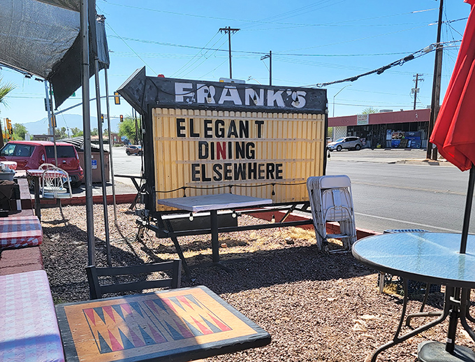 "Elegant Dining Elsewhere" proclaims the sign with refreshing honesty – Frank's knows exactly what it is, and that's why we love it.